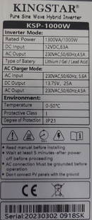 Kingstar 1000W Pure Sine Hybrid Inverter 12V DC